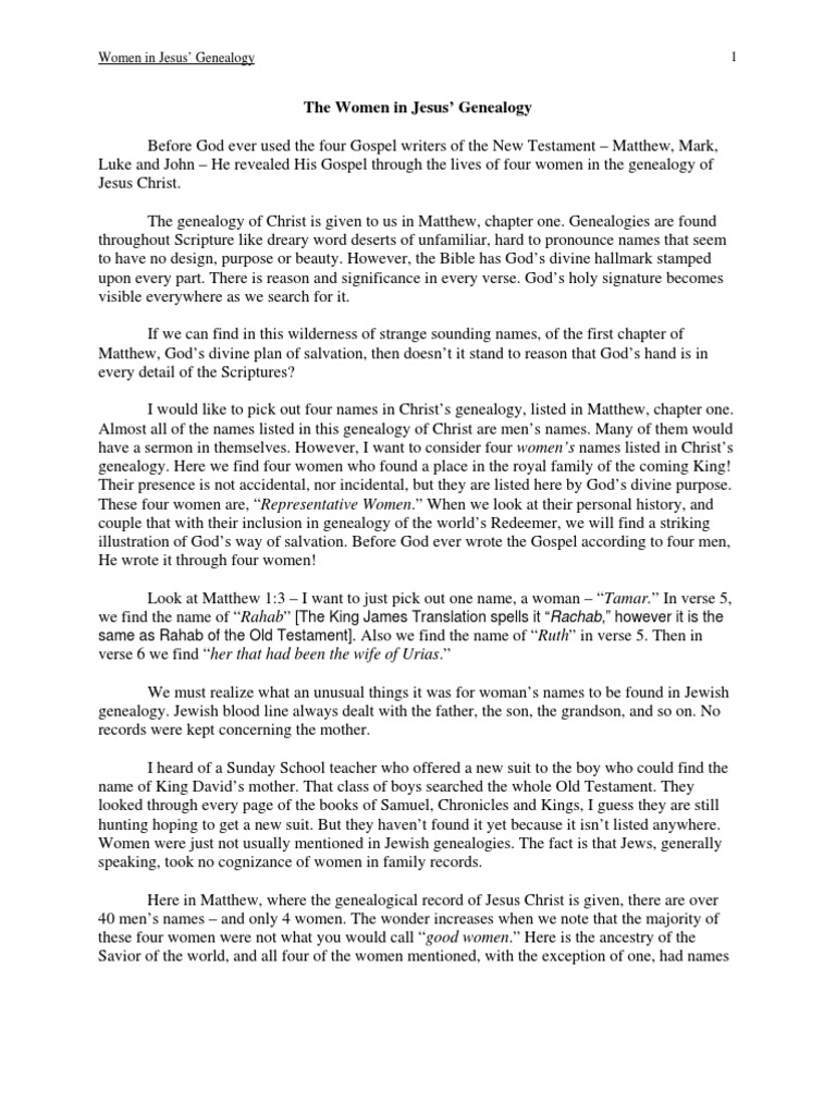 Women in Jesus' Genealogy Explained | PDF | Gospel Of Matthew | Jesus