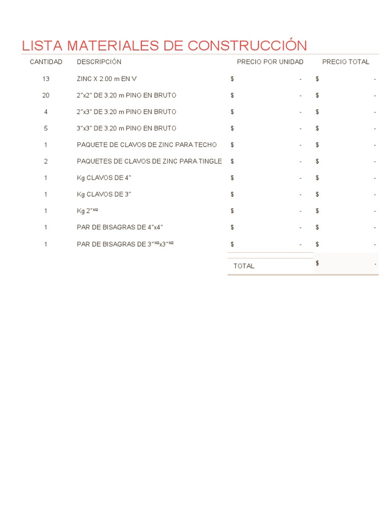 Lista Materiales de Construcción | PDF