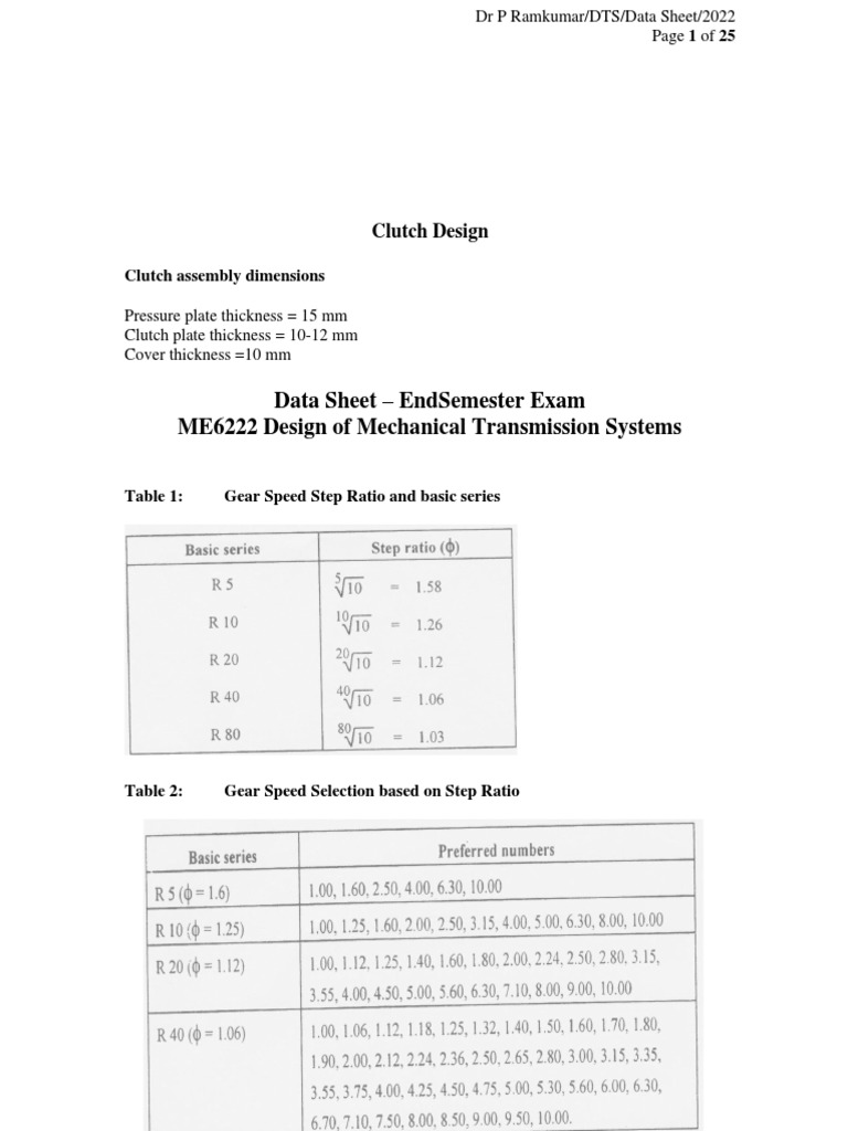 Data Sheet - Endsemester Exam Me6222 Design of Mechanical Transmission ...