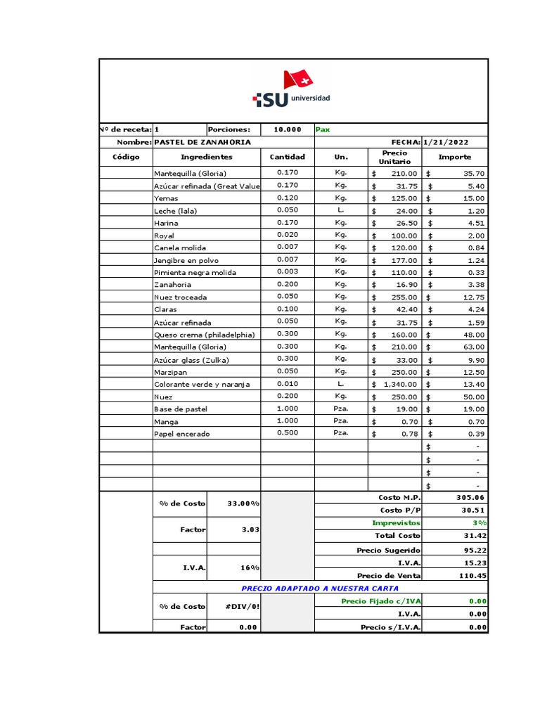 Costeo de Recetas | PDF | Comida y bebida | Ingredientes de comida