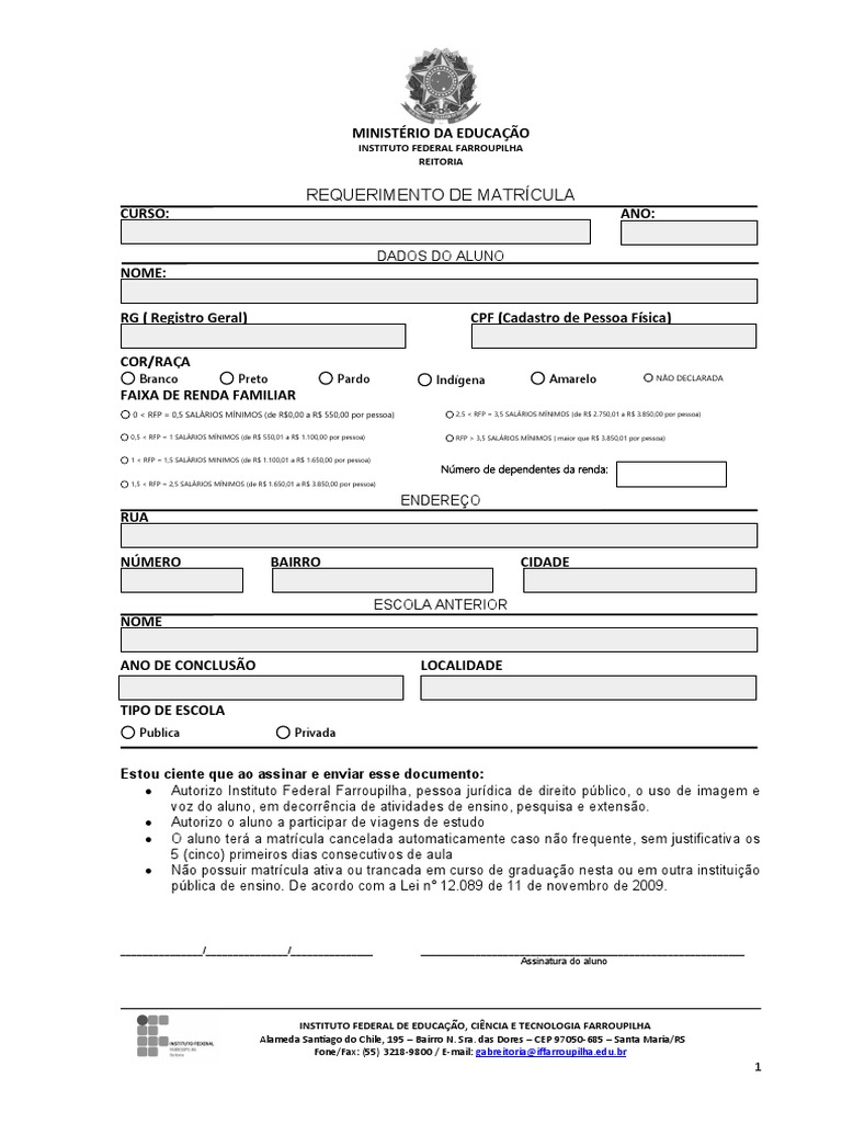 REQUERIMENTO DE MATRÍCULA (Editável) | PDF