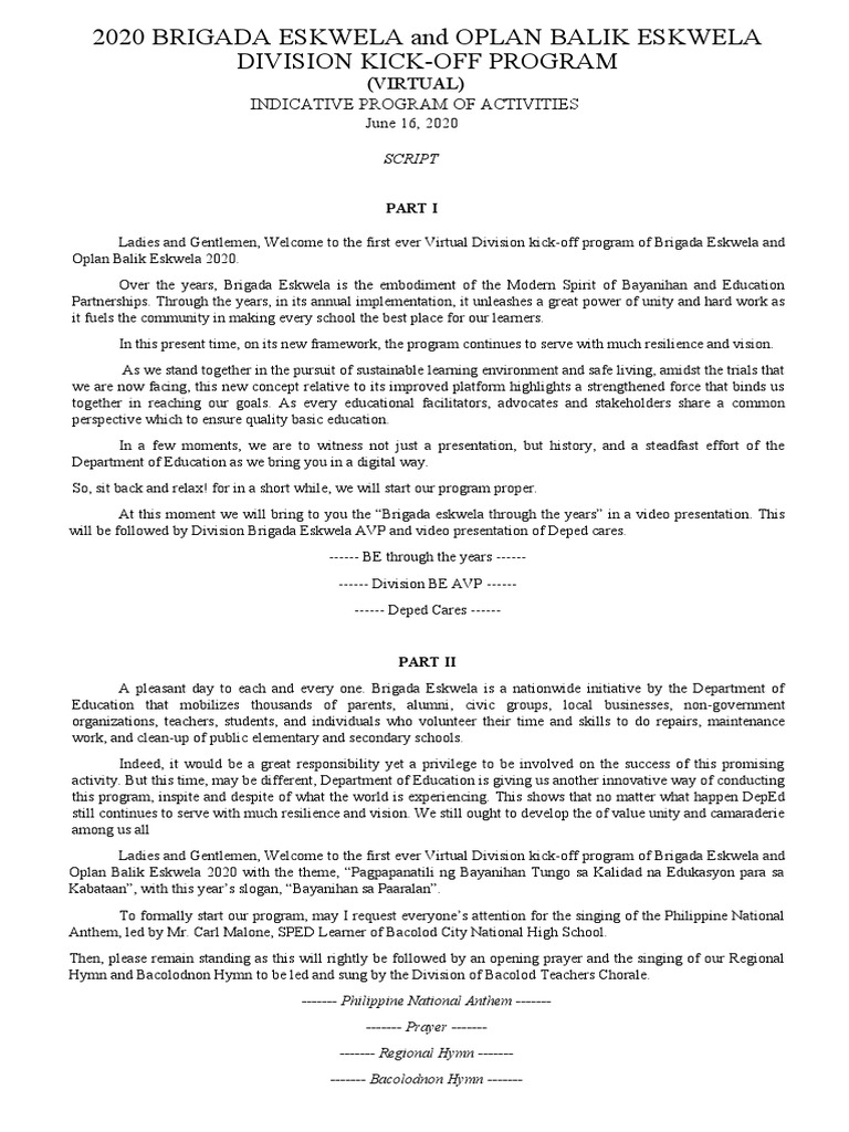 2020 Brigada Eskwela and Oplan Balik Eskwela Division Kick-Off Program ...