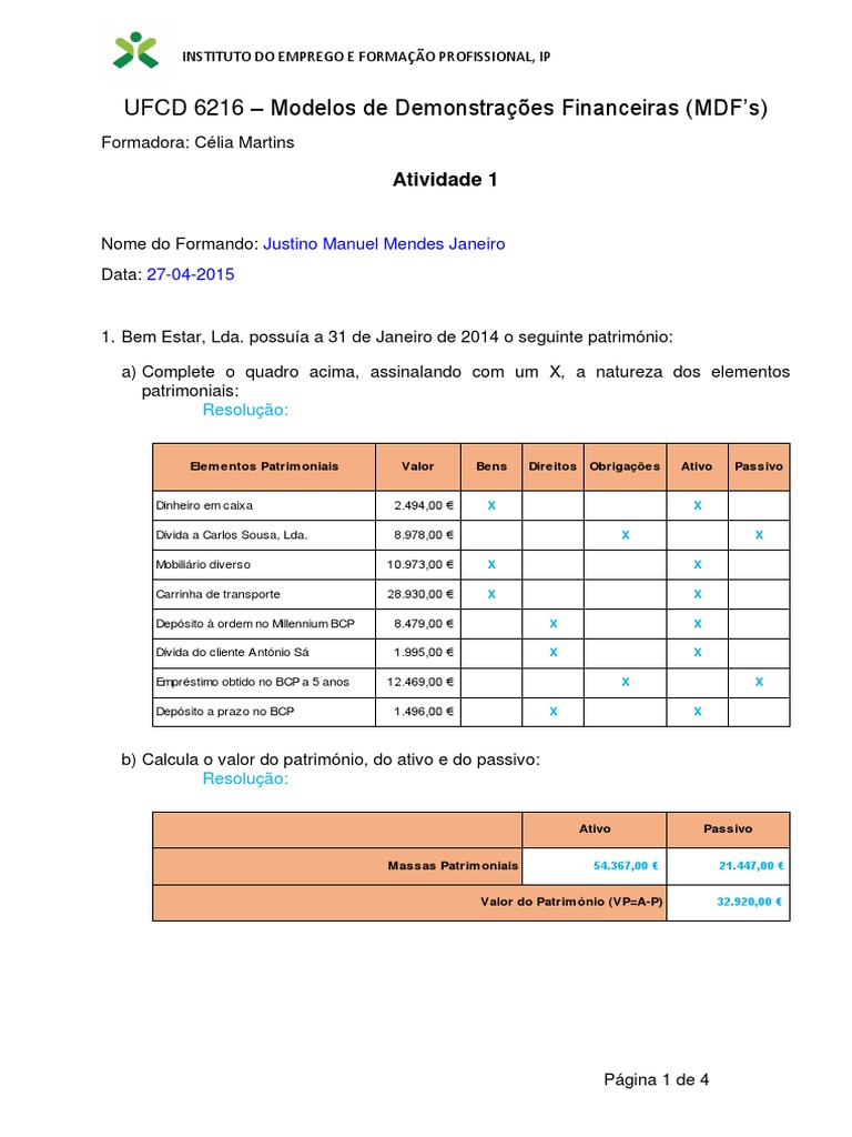 UFCD 6216 - Atividade 1 | PDF | Balancete | Empréstimos