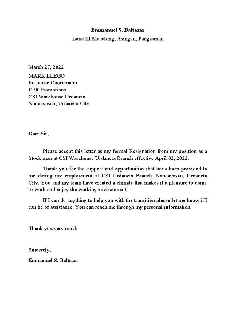 Resignation Letter Emman | PDF