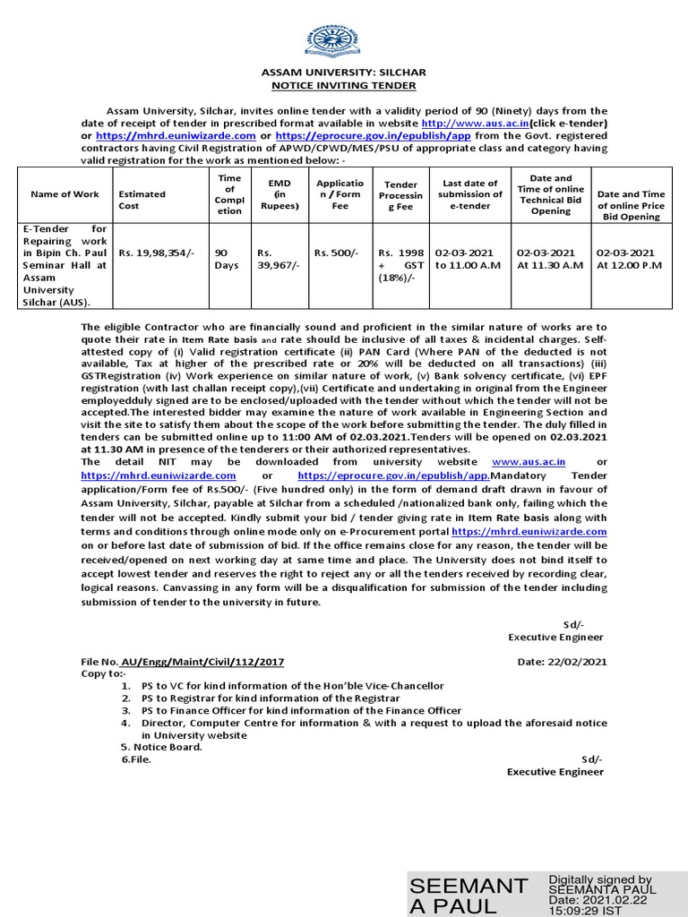 01 Bipin Paul Seminar Hall Civil Work Tender Document | PDF | Specification (Technical Standard ...