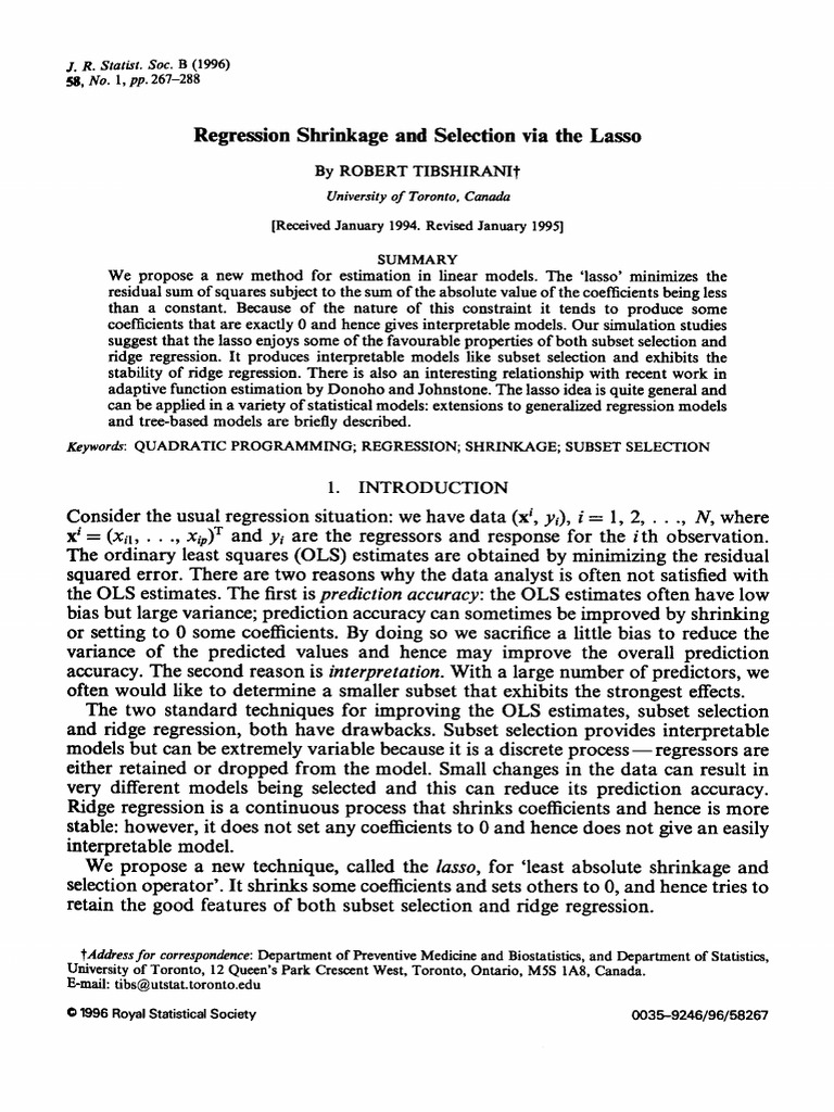 Regression Shrinkage And Selection Via The Lasso Download Free Pdf Cross Validation
