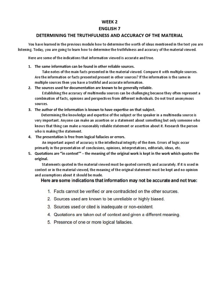 Week 2 English 7 Determining The Truthfulness and Accuracy of The ...