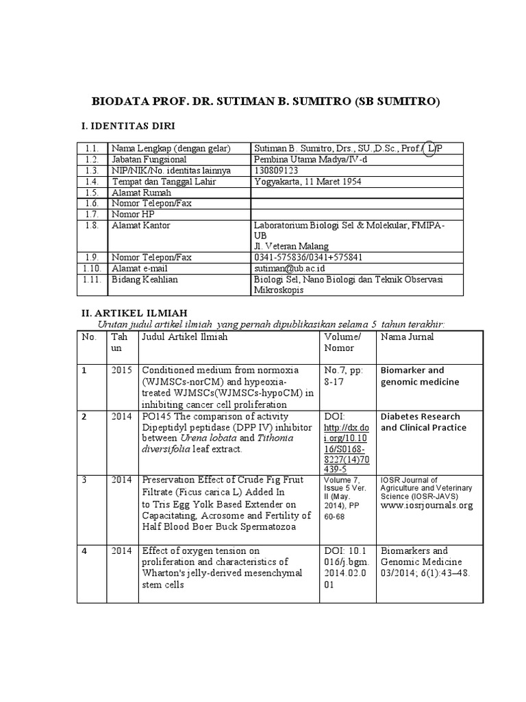 Biodata Prof. Dr. Sutiman B. Sumitro (SB Sumitro) : I. Identitas Diri ...