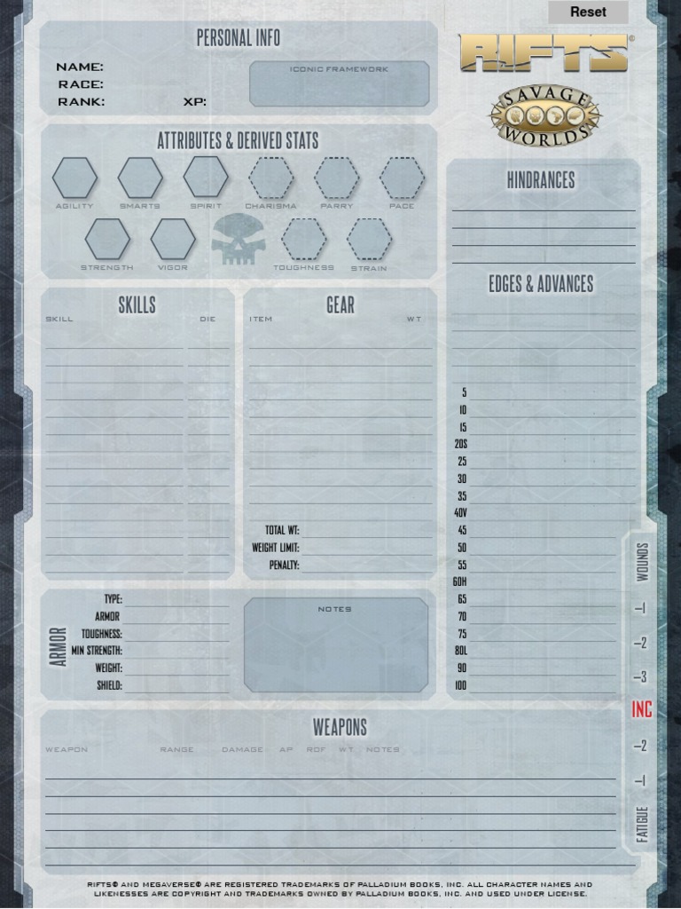 Savage Rifts - Character Sheet (Fillable) | PDF | Role Playing Games | Gaming
