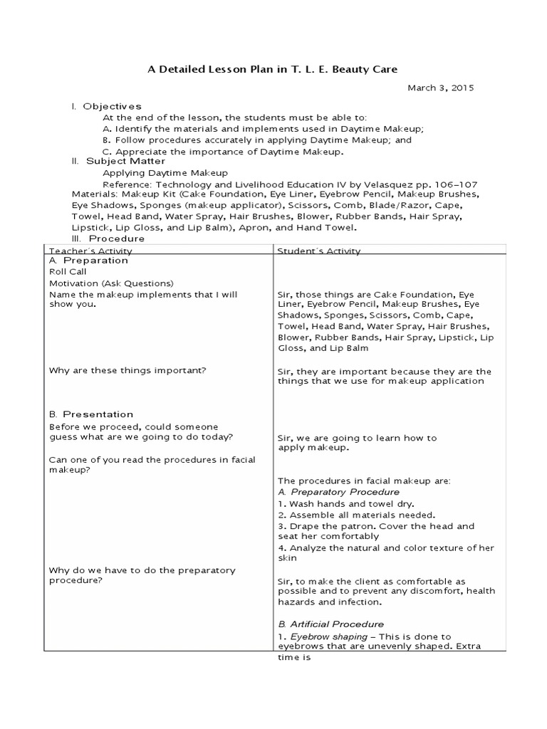 A Detailed Lesson Plan in T. L. E. Beauty Care | PDF | Cosmetics | Eyebrow