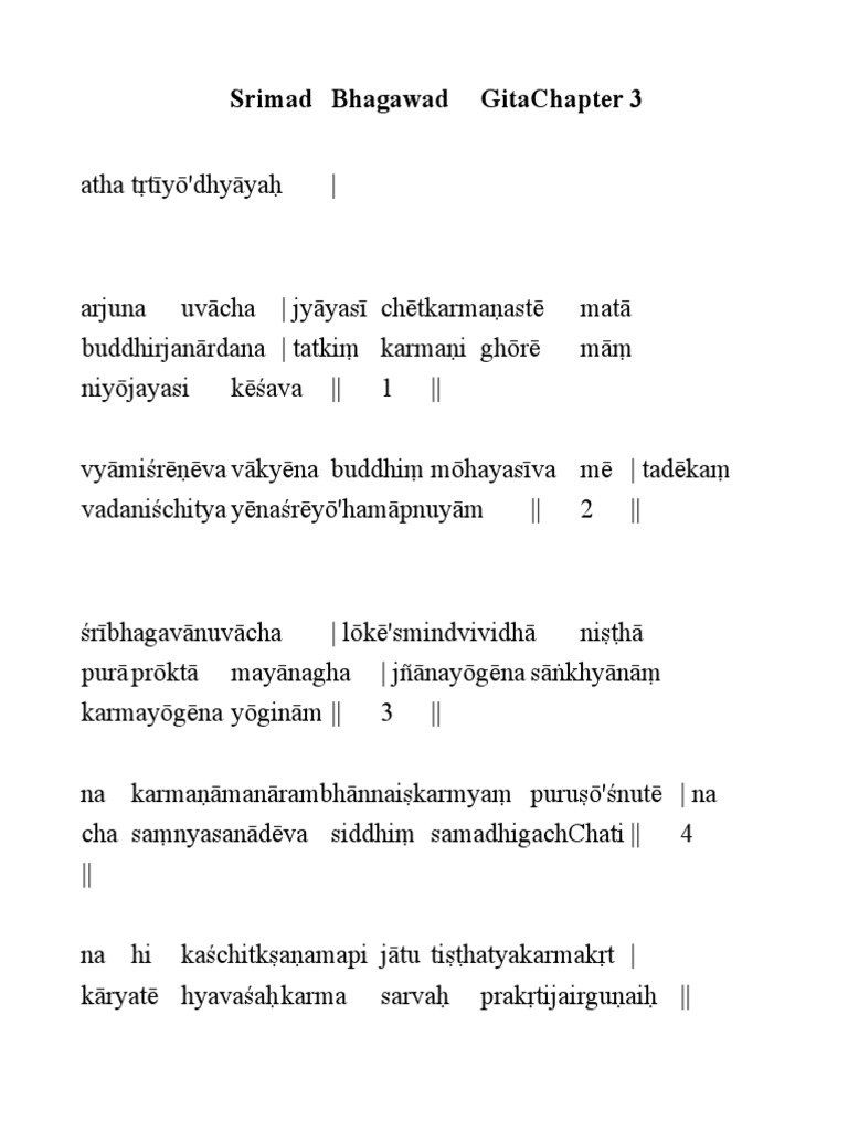 Srimad Bhagawad Gita Chapter 3 English | PDF | Mahabharata | Hindu ...