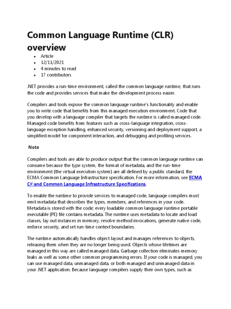 Common Language Runtime (CLR) | PDF | Class (Computer Programming ...