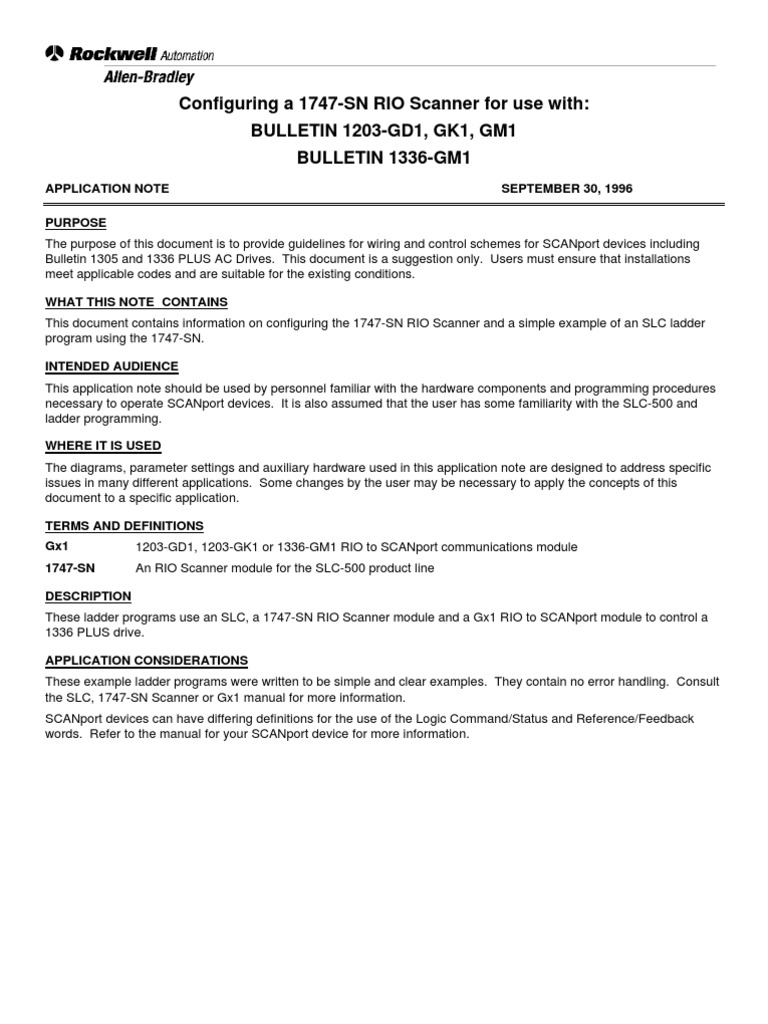 Configuring A 1747-SN RIO Scanner For Use With: BULLETIN 1203-GD1, GK1 ...