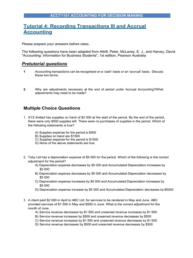 Tutorial 4 Pretutorial Questions | PDF | Expense | Accrual