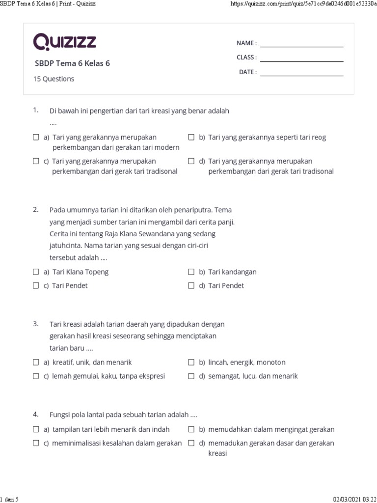 SBDP Tema 6 Kelas 6 Print - Quizizz | PDF