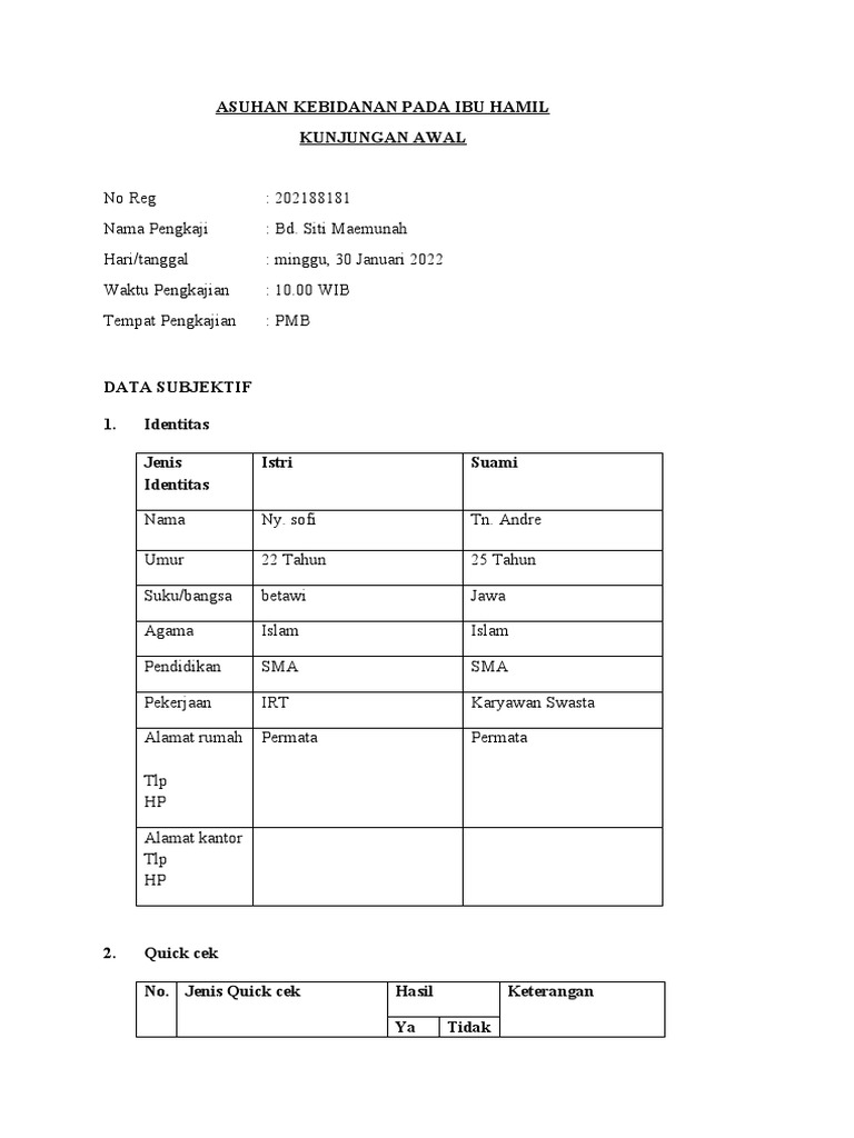Format Pengkajian ANC Kunjungan Awal - Siti Maemunah | PDF Format Pengkajian ANC Kunjungan Awal - Siti Maemunah | PDF