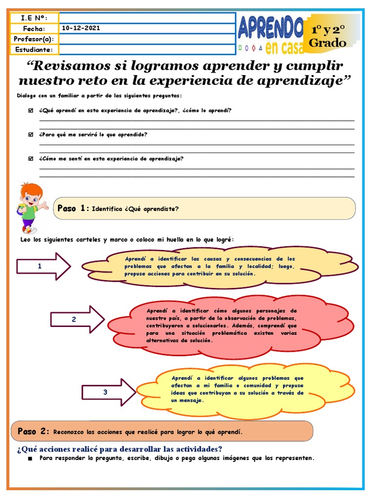 1º Y 2º Grado Reflexionamos Sobre Nuestra Experiencia De Aprendizaje