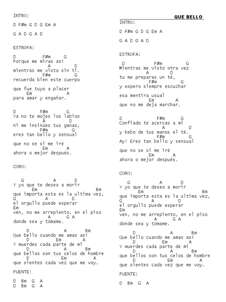 Letras de Canción: "Que Bello" | PDF | Poesía