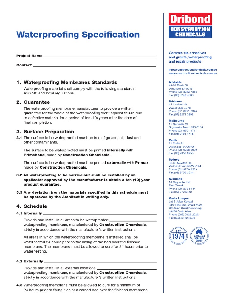 Waterproofing Specification | PDF | Shower | Building Technology