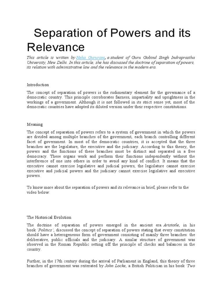Separation of Powers and Its Relevance | PDF | Separation Of Powers ...
