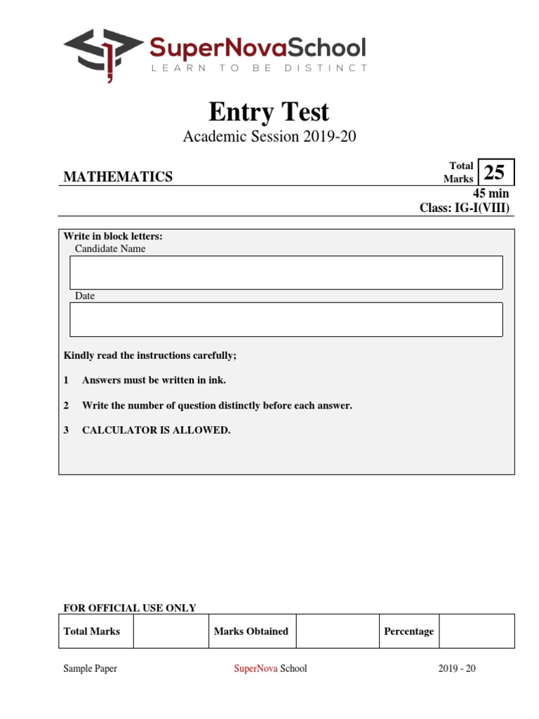 Entry Test: Academic Session 2019-20 | PDF | Arithmetic | Mathematics