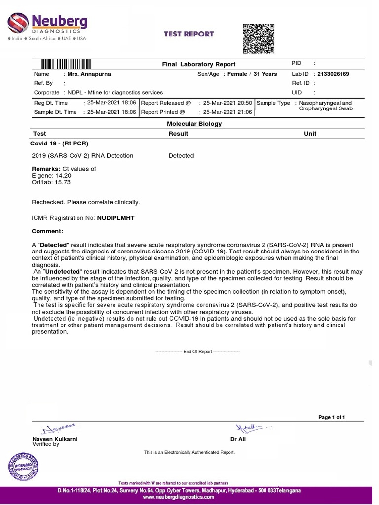 Final Laboratory Report: Mrs. Annapurna | PDF | Infection | Clinical ...