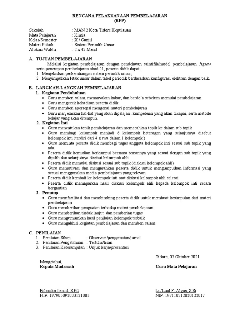 RPP Kimia Sistem Periodik Unsur | PDF