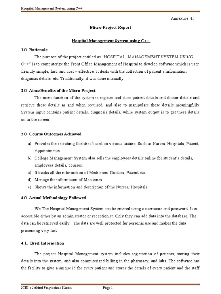Micro-Project Report Hospital Management System Using C++ 1.0 Rationale ...