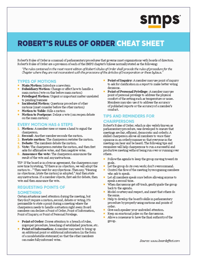 Roberts Rules Cheat Sheet | PDF
