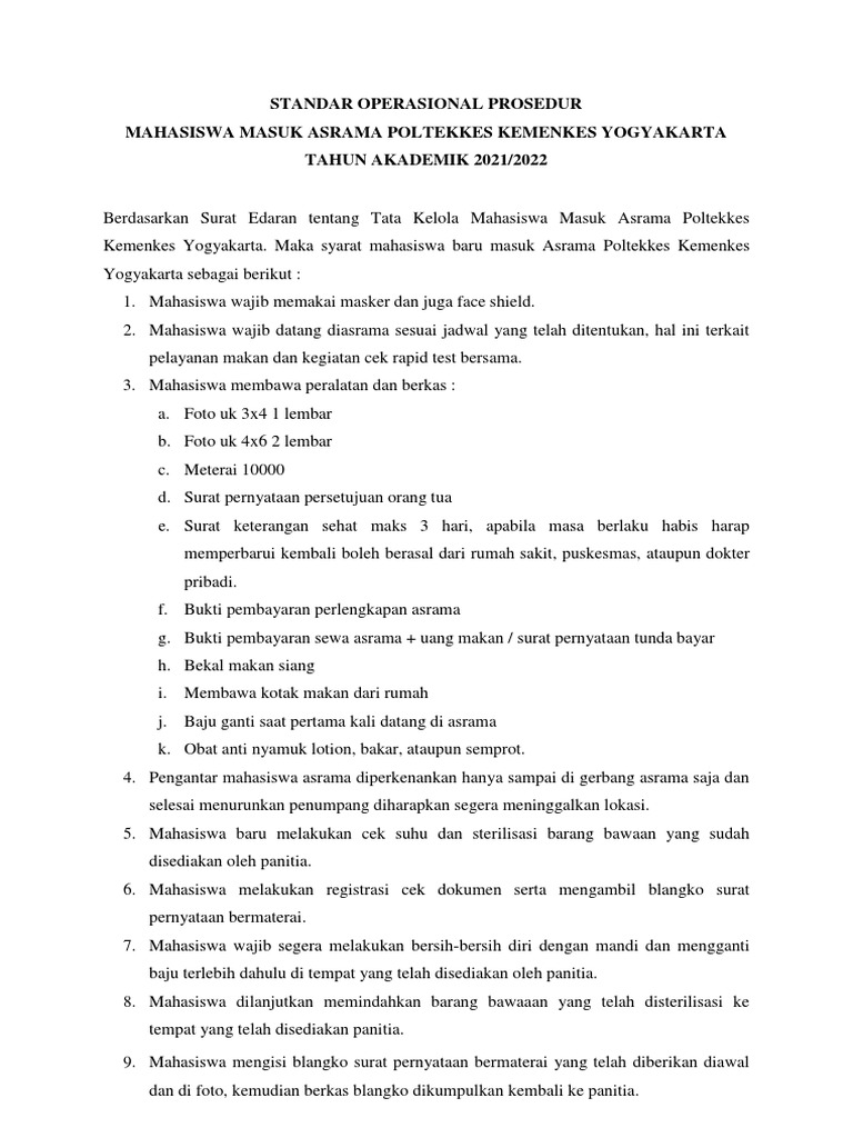 SOP Masuk Asrama Tahap 1 | PDF