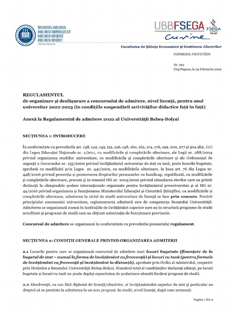 FSEGA Regulament Admitere Licenta 2022 | PDF