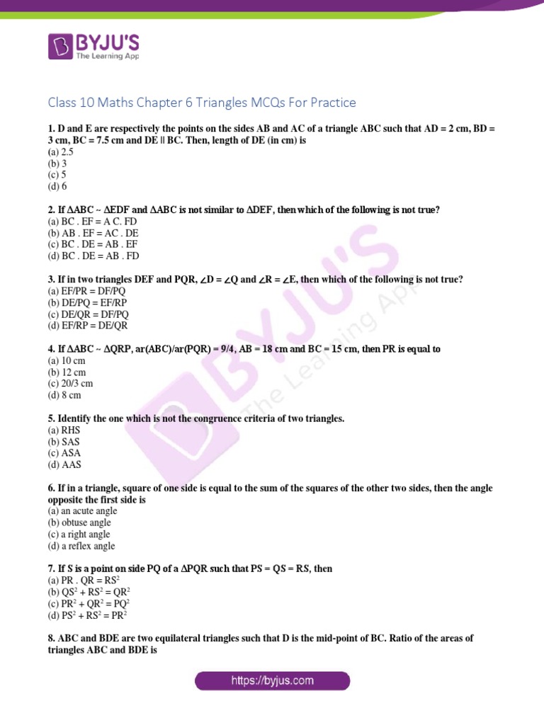 Class 10 Maths Chapter 6 Triangles MCQs For Practice | PDF
