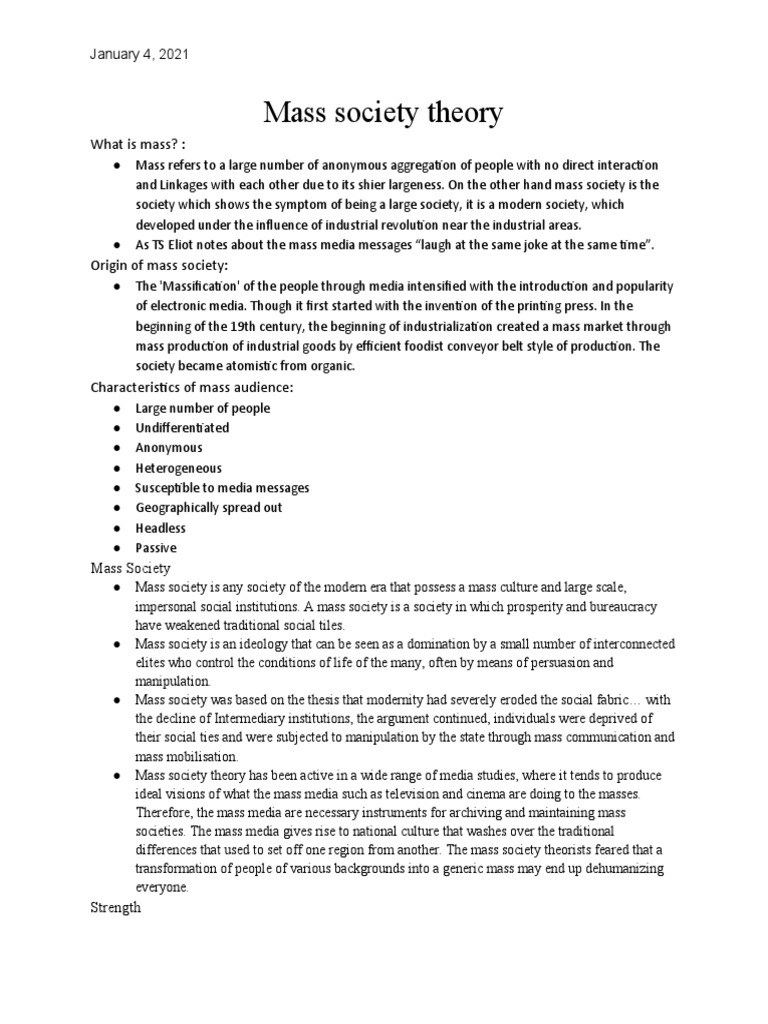 Mass Society Theory Explained | PDF | Mass Media | Society