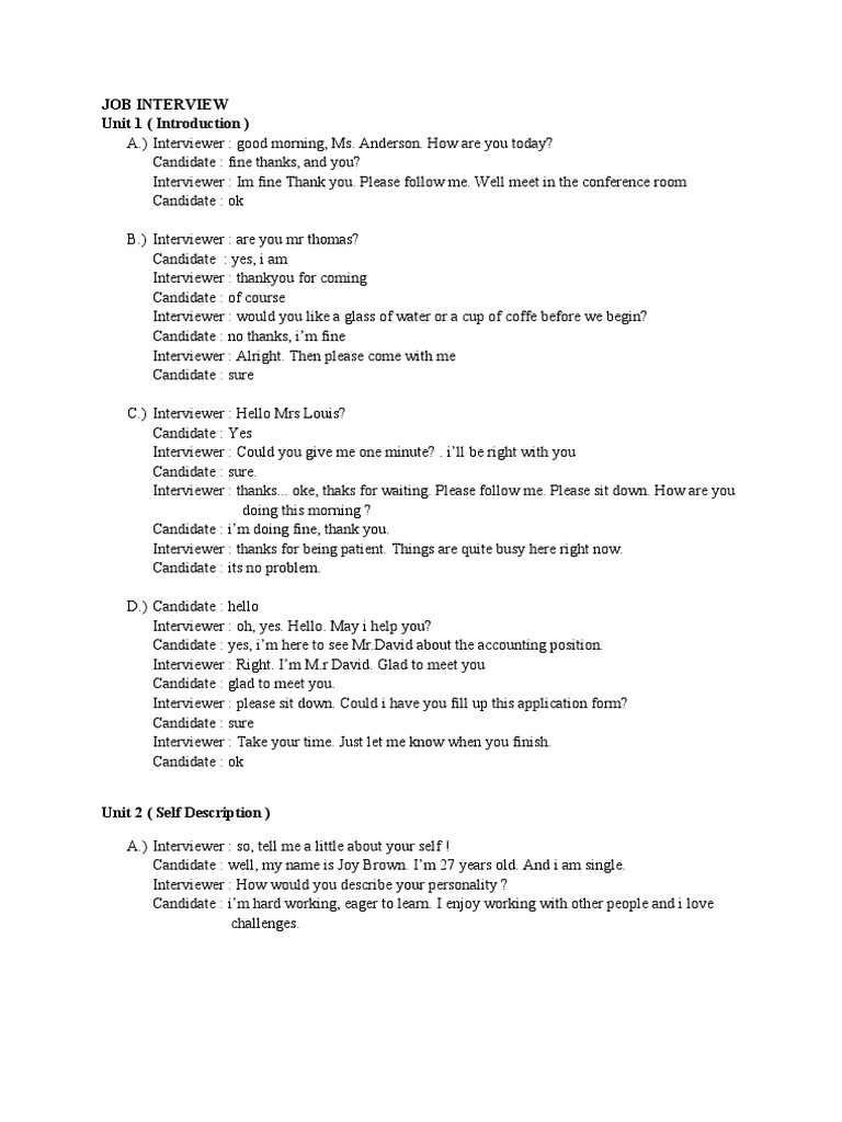 Job Interview Unit 1 (Introduction) | PDF