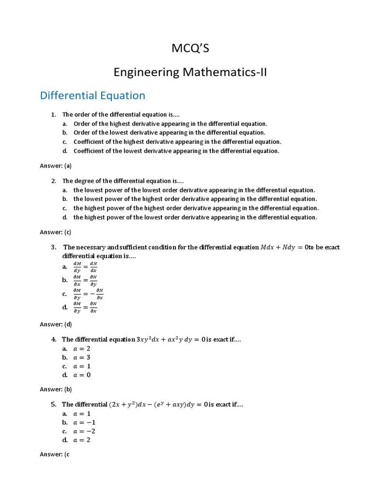MCQ on order, degree, and types of differential equations | PDF ...
