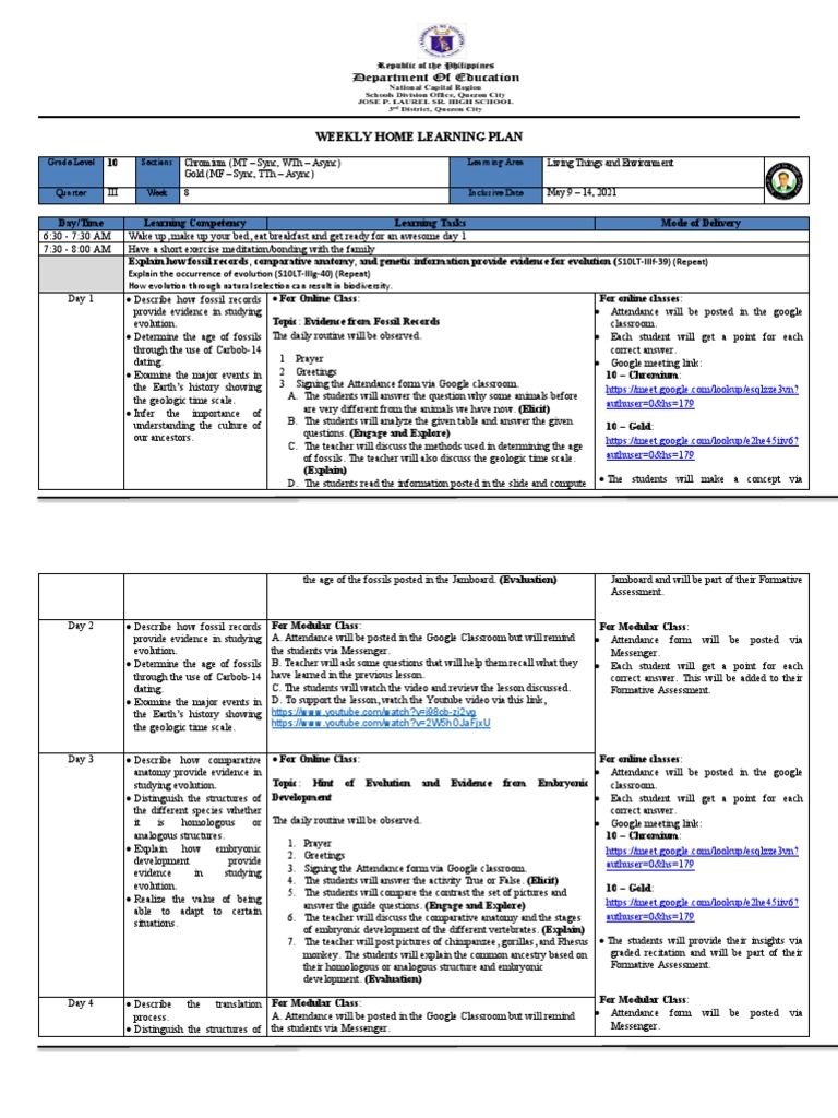 Weekly Home Learning Plan | PDF | Learning | Cognition