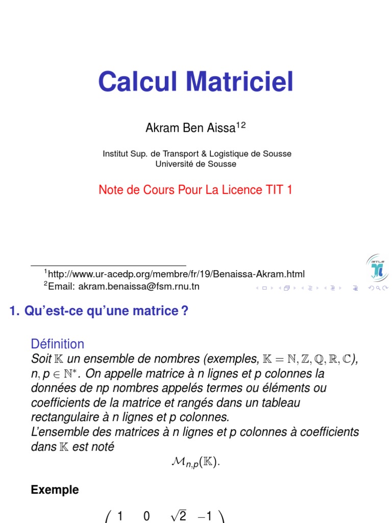 Introduction au Calcul Matriciel | PDF | Base (algèbre linéaire) | Matrice (Mathématiques)