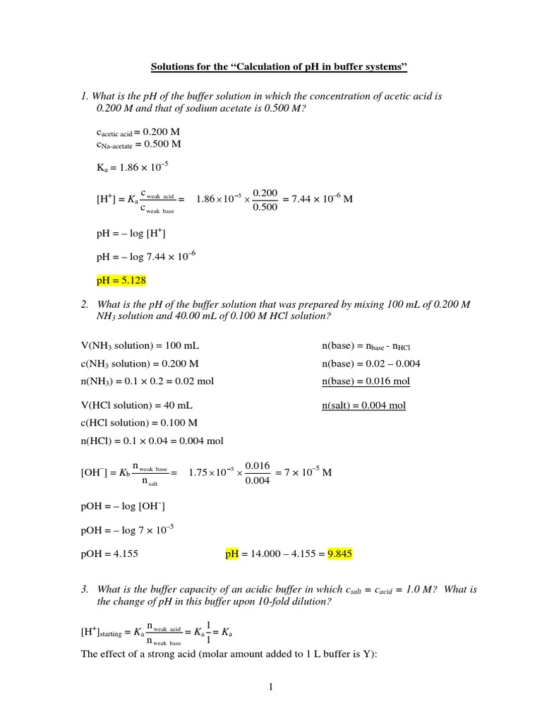Solutions For The Calculation of PH in Buffer Systems | PDF | Ph ...