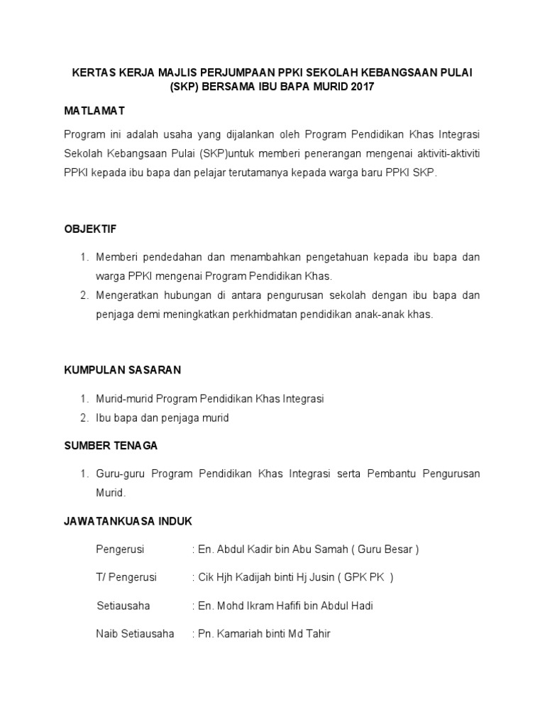Kertas Kerja Majlis Perjumpaan Ppki SKBG Bersama Ibu Bapa Murid 2015 | PDF
