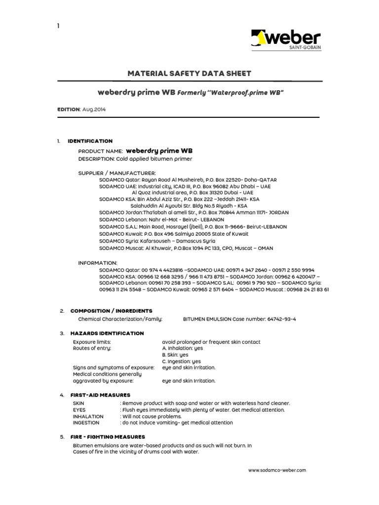 Material Safety Data Sheet Weberdry Prime WB | PDF | Water | Waste Management