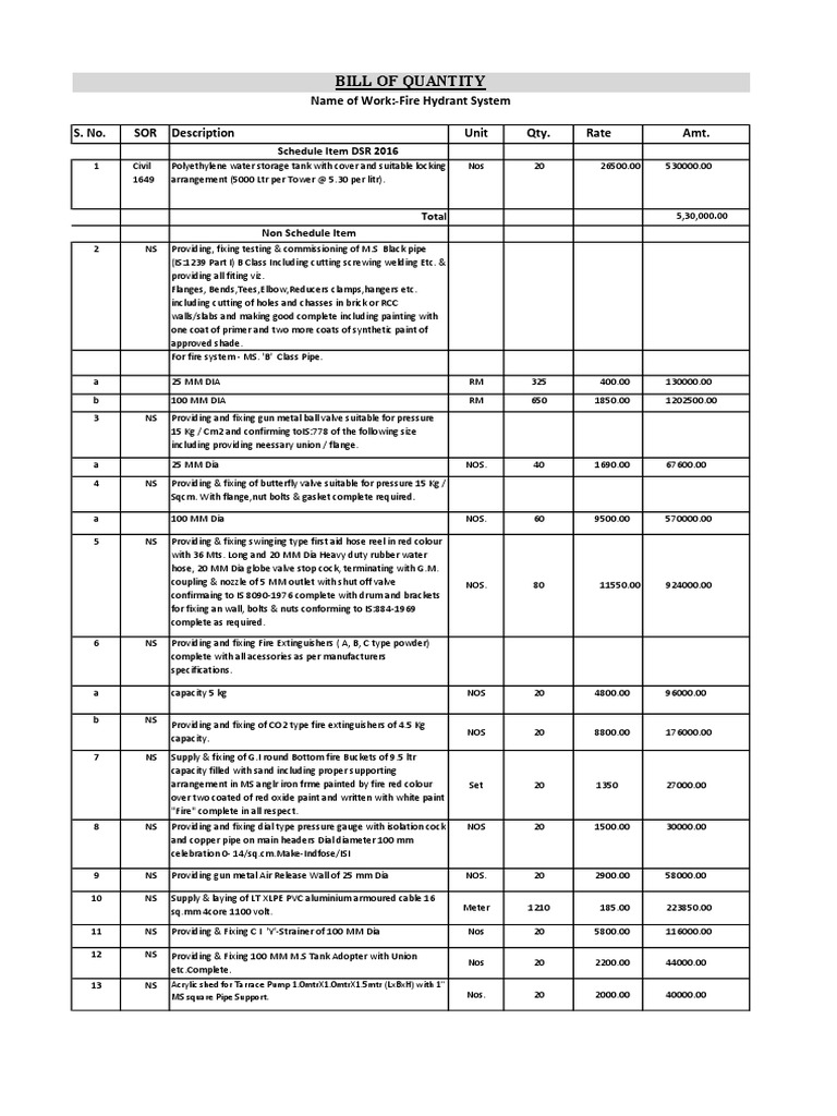 Bill of Quantity: Name of Work:-Fire Hydrant System | PDF | Pipe (Fluid ...