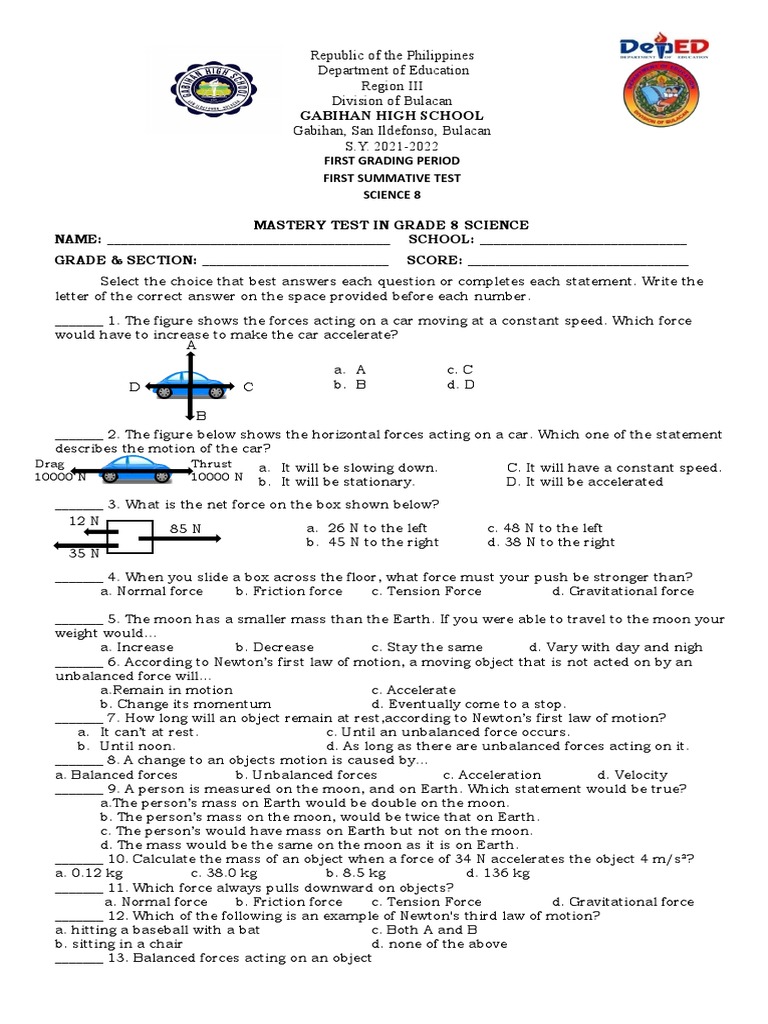 Grade 8 Science Mastery Test | PDF | Force | Mass