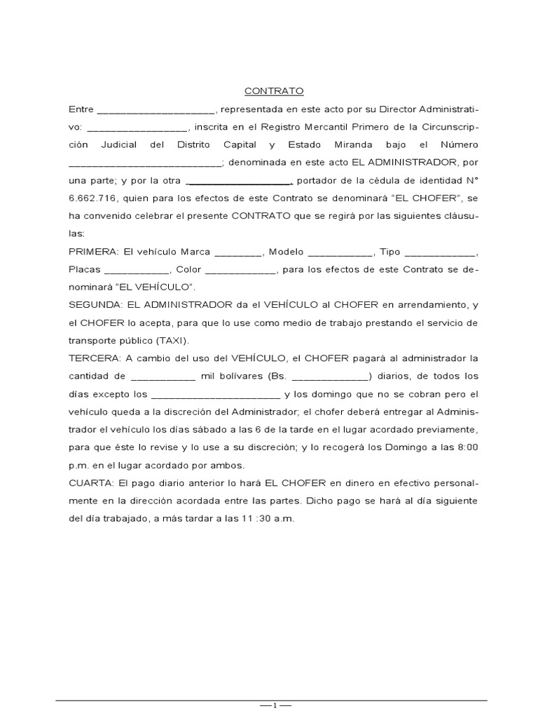 Contrato de arrendamiento de vehículo para servicio de taxi | PDF