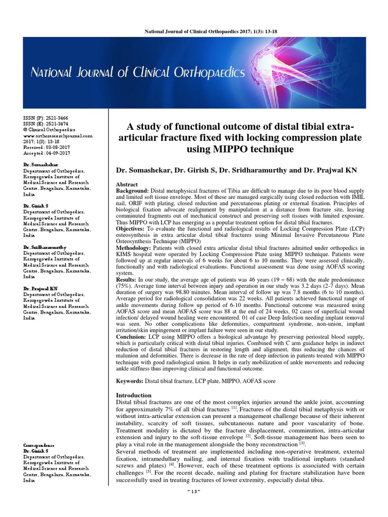 A Study of Functional Outcome of Distal Tibial Extra-Articular Fracture ...