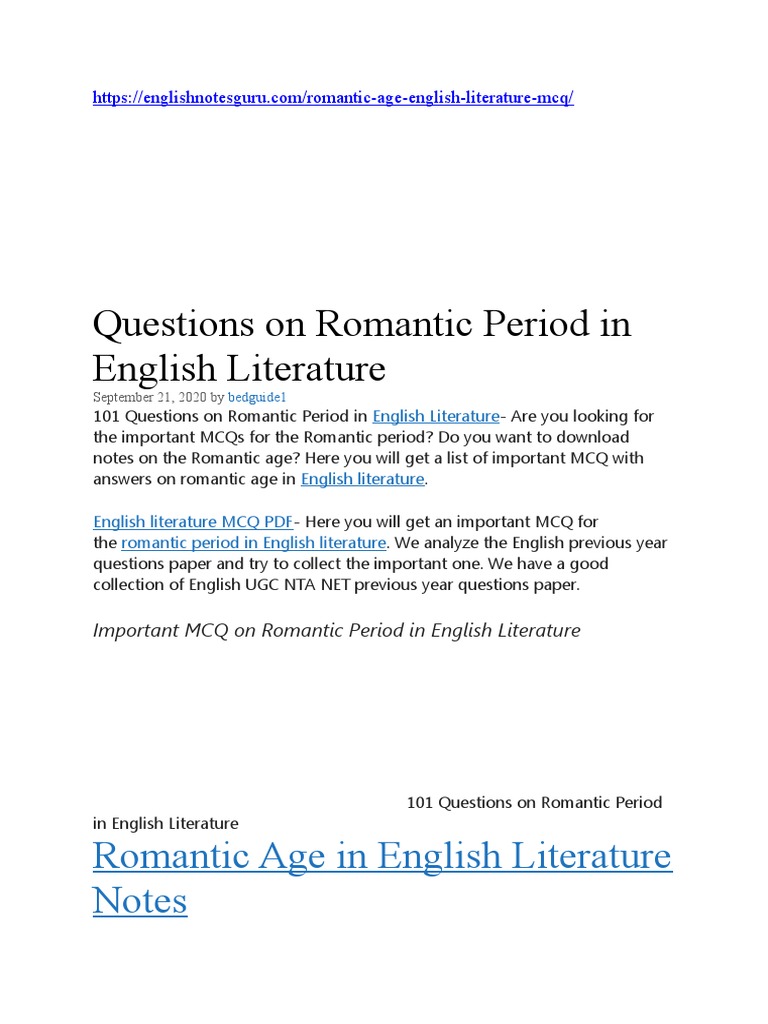 Englishnotesguru 101 Questions On Romantic Period in English Literature ...