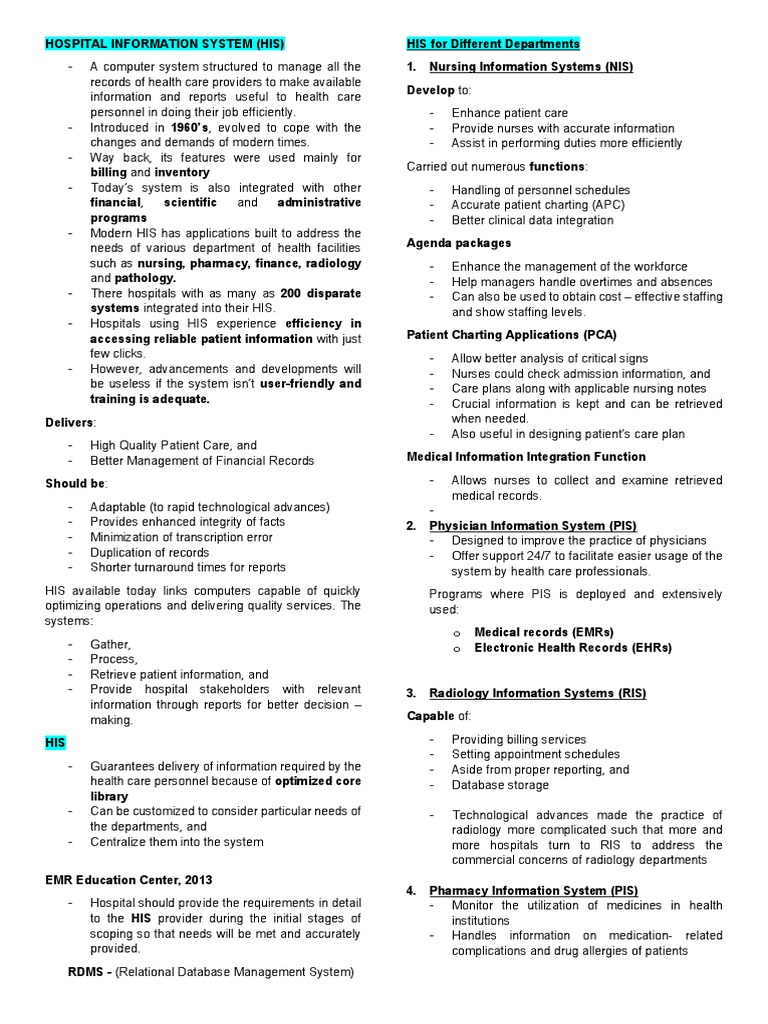Hospital Information System (His) PDF | PDF | Electronic Health Record ...