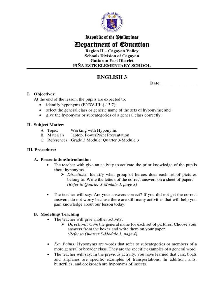 Lesson Plan in Hyponyms | PDF | Teachers | Lesson Plan