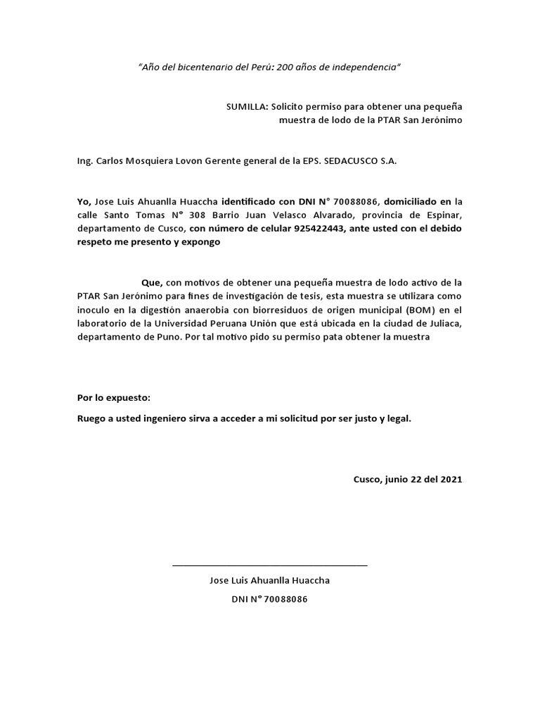 Solicitud Ptar Cusco | PDF