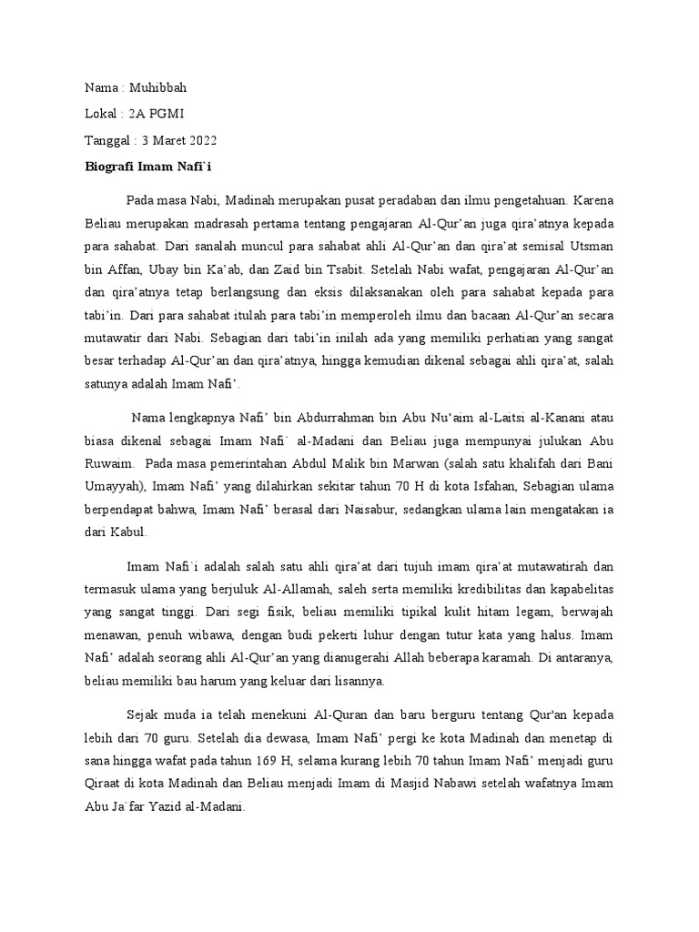 Biografi Imam Nafi'i Dan Imam Qalun | PDF