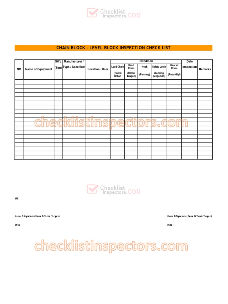 Chain Block Inspection Checklist | PDF